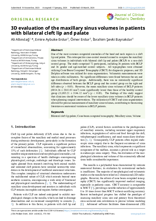 (PDF) 3D evaluation of the maxillary sinus volumes in patients with bilateral cleft lip and palate