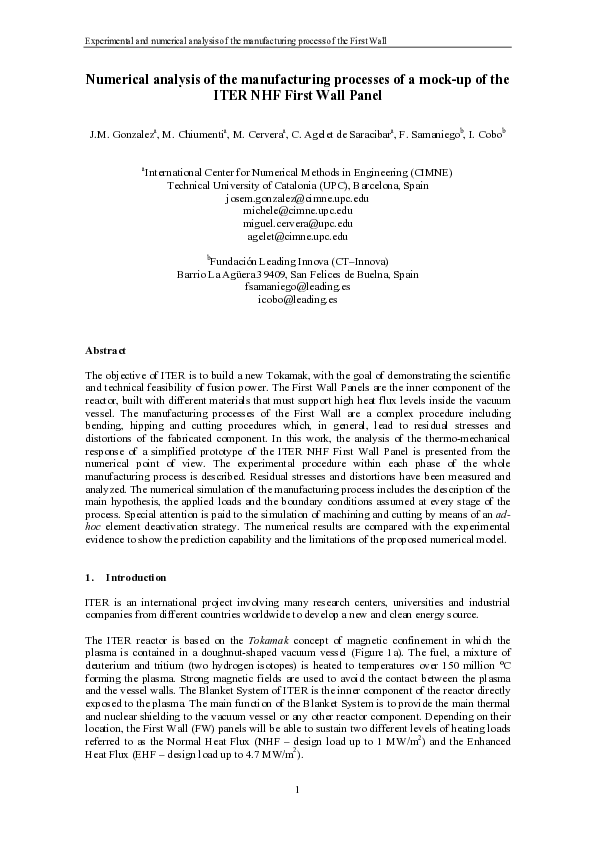 (PDF) Numerical analysis of the manufacturing processes of a mock-up of the ITER NHF First Wall ...