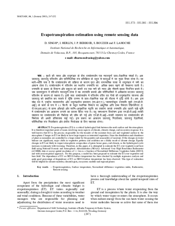 Pdf Evapotranspiration Estimation Using Remote Sensing Data Sonia Bouzidi