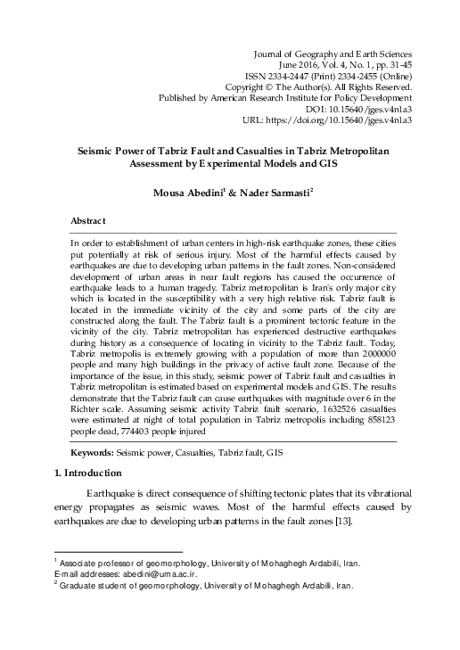 (PDF) Seismic Power of Tabriz Fault and Casualties in Tabriz ...
