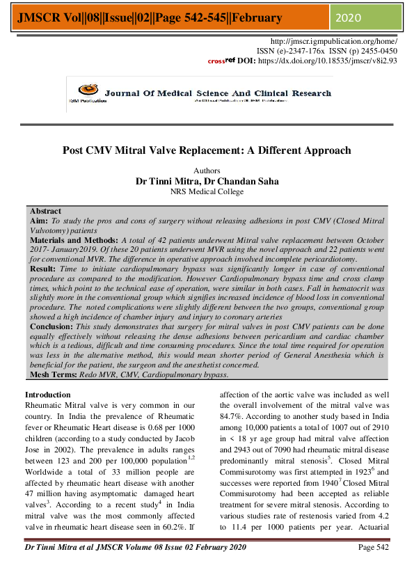 (PDF) Post CMV Mitral Valve Replacement: A Different Approach