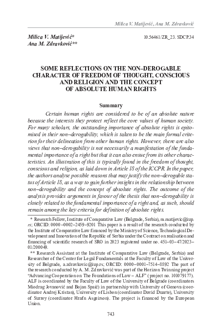 (PDF) Some Reflections on the Non-Derogable Character of Freedom of ...