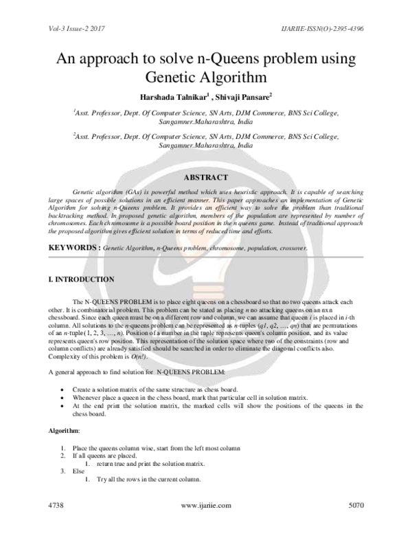 (PDF) An approach to solve n-Queens problem using Genetic Algorithm