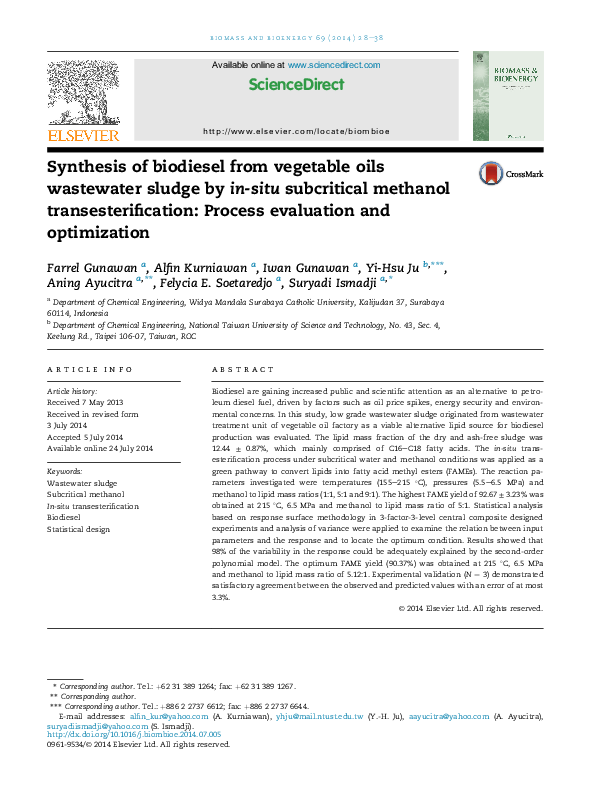 (PDF) Synthesis of biodiesel from vegetable oils wastewater sludge by in-situ subcritical ...