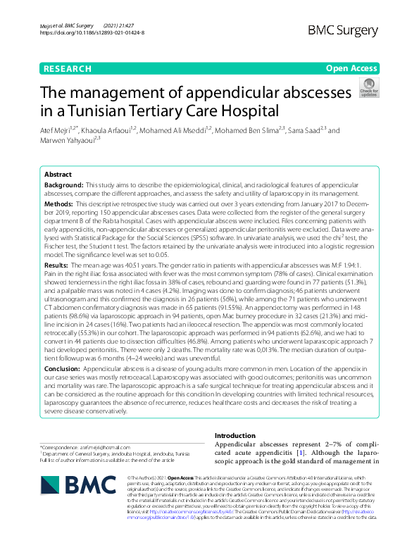 (PDF) The management of appendicular abscesses in a Tunisian Tertiary ...