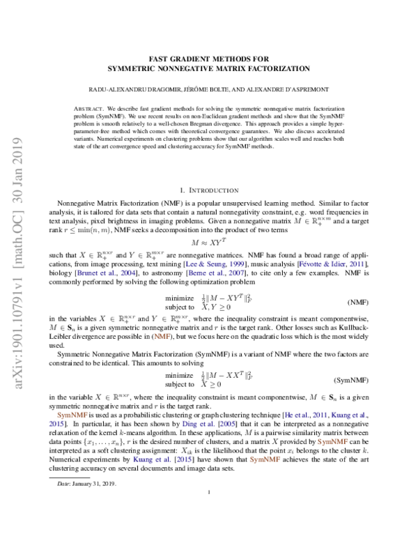 (PDF) Fast Gradient Methods for Symmetric Nonnegative Matrix Factorization
