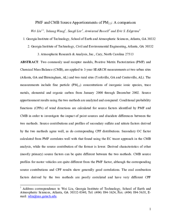 (PDF) PMF and CMB Source Apportionments of PM2. 5: A comparison