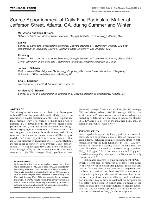 (PDF) Source Apportionment of Daily Fine Particulate Matter at Jefferson Street, Atlanta, GA ...