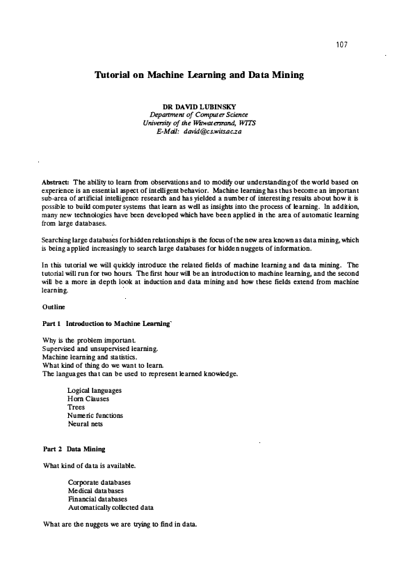 (PDF) Tutorial on machine learning and data mining