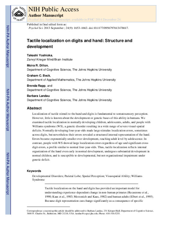 Pdf Tactile Localization On Digits And Hand Brenda Rapp