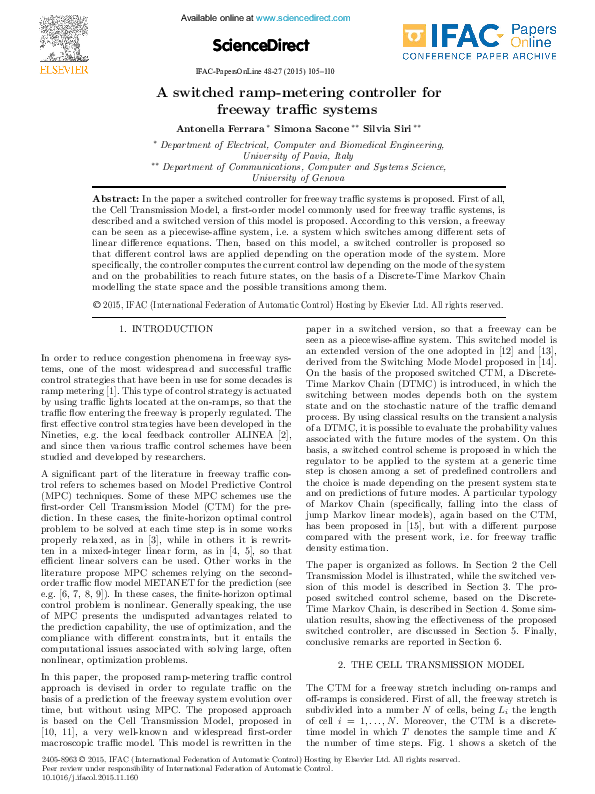 A Switched Ramp Metering Controller For Freeway Traffic Systems
