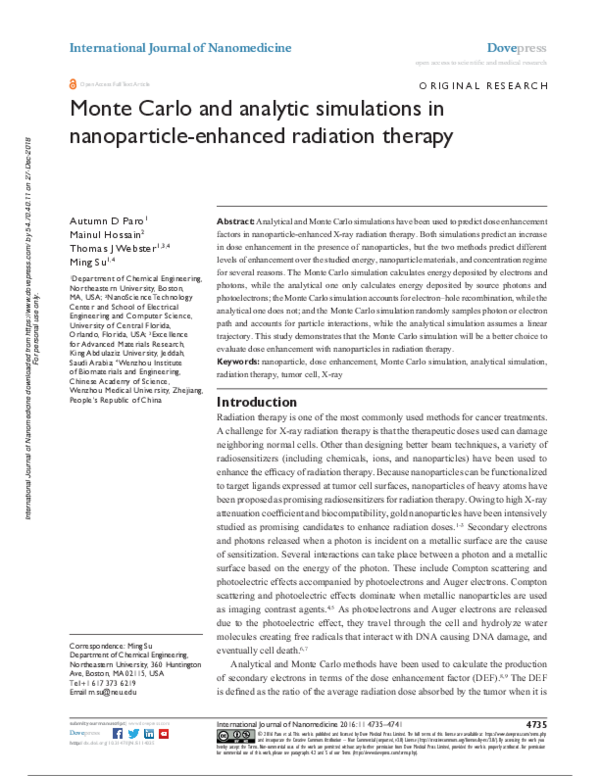 (PDF) Monte Carlo and analytic simulations in nanoparticle-enhanced radiation therapy