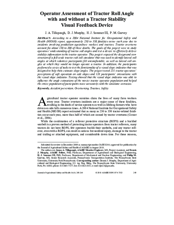 (PDF) Operator Assessment of Tractor Roll Angle with and without a ...