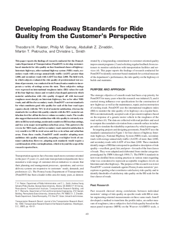 (PDF) Developing Roadway Standards for Ride Quality from the Customer's ...