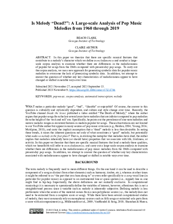 (PDF) Is Melody “Dead?”: A Large-scale Analysis of Pop Music Melodies ...