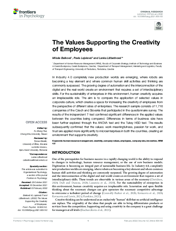 (PDF) The Values Supporting the Creativity of Employees