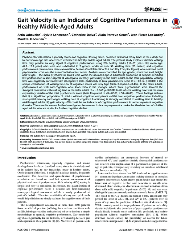 (PDF) Gait Velocity Is an Indicator of Cognitive Performance in Healthy ...