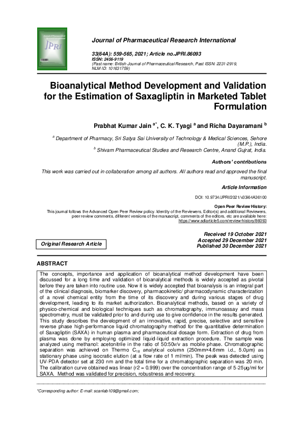 Pdf Bioanalytical Method Development And Validation For The Estimation Of Saxagliptin In