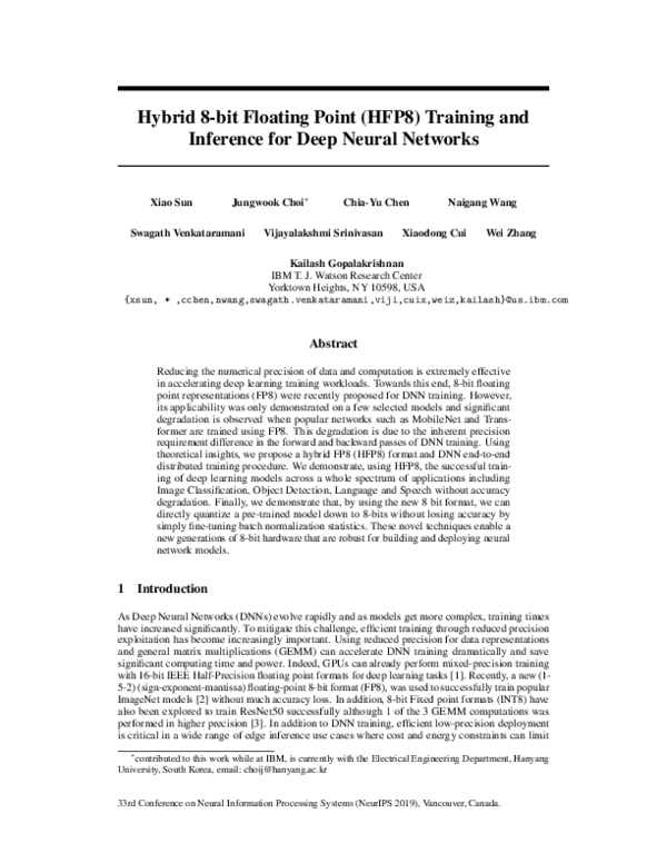 (PDF) Hybrid 8-bit Floating Point (HFP8) Training and Inference for Deep Neural Networks