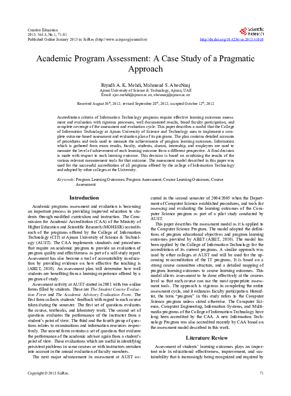 (PDF) Academic Program Assessment: A Case Study of a Pragmatic Approach