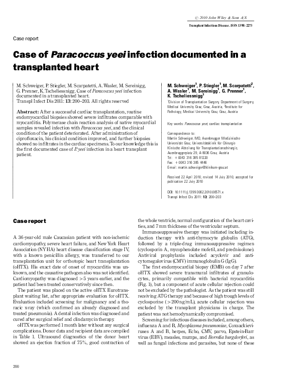(PDF) Case of Paracoccus yeei infection documented in a transplanted heart