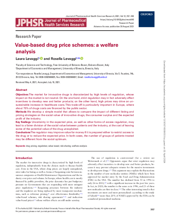 (PDF) Value-based drug price schemes: a welfare analysis | Rosella ...