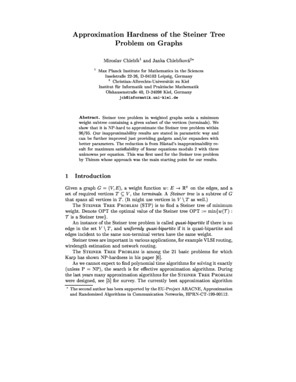 (PDF) Approximation Hardness of the Steiner Tree Problem on Graphs