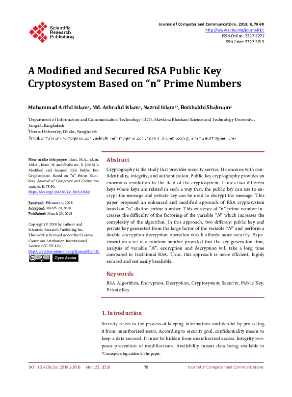 (PDF) A Modified and Secured RSA Public Key Cryptosystem Based on “n ...