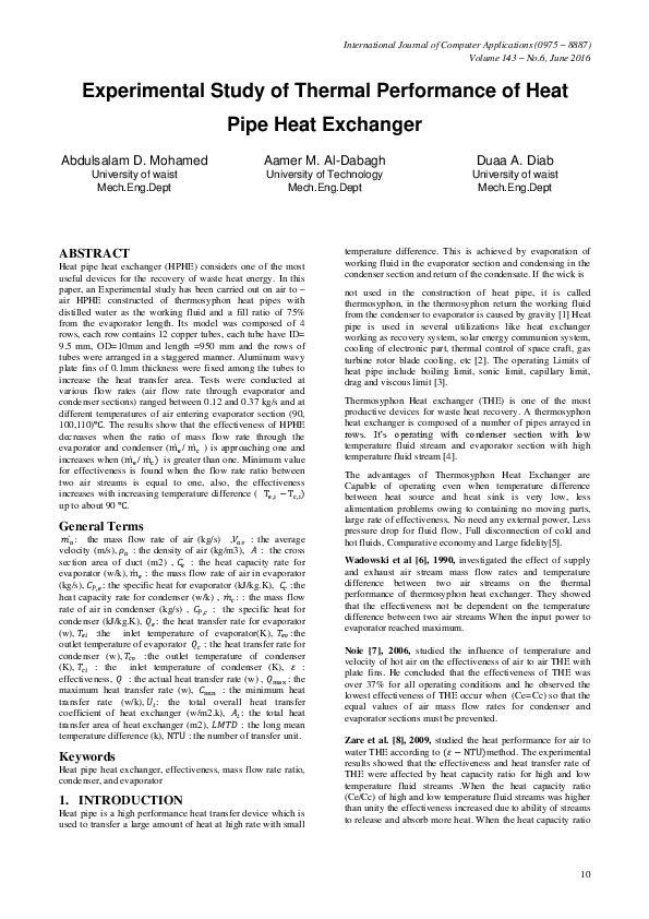 (PDF) Experimental Study of Thermal Performance of Heat Pipe Heat Exchanger