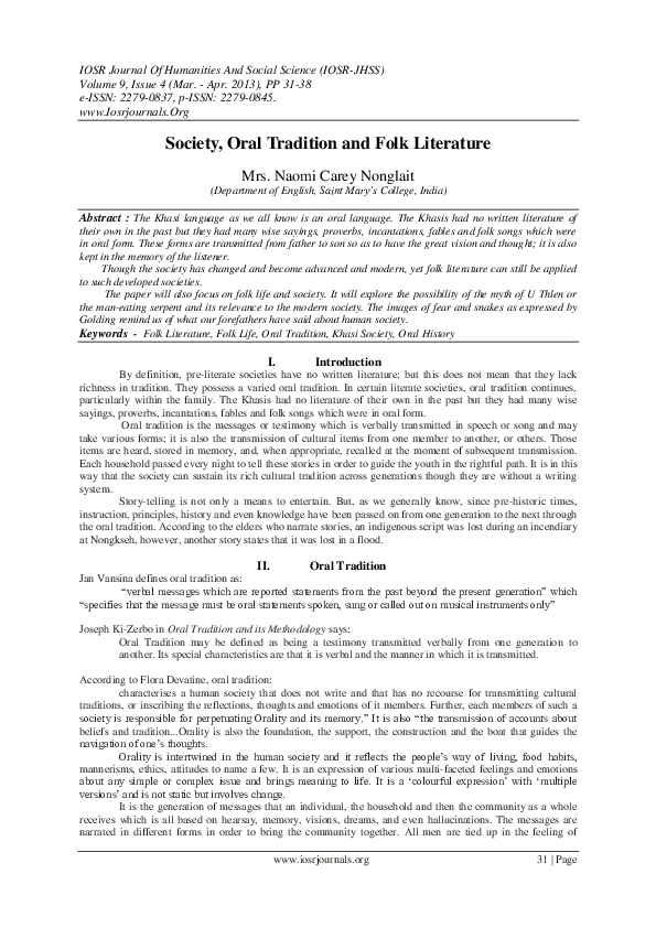 (PDF) Society, Oral Tradition and Folk Literature