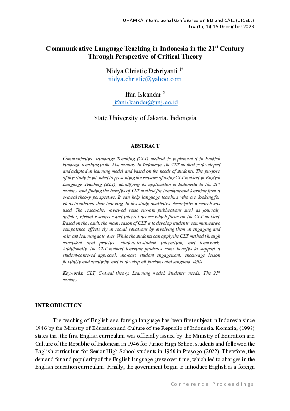 (PDF) Communicative Language Teaching in Indonesia in the 21 st Century Through Perspective of ...