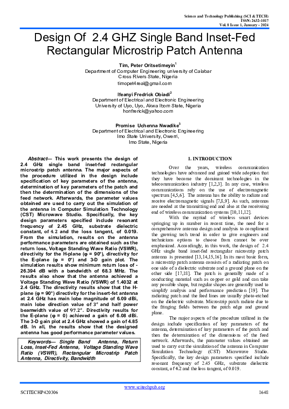 (PDF) Design Of 2.4 GHZ Single Band Inset-Fed Rectangular Microstrip Patch Antenna