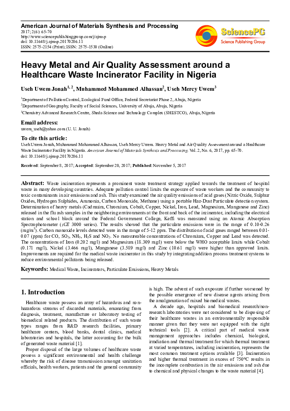 (PDF) Heavy Metal and Air Quality Assessment around a Healthcare Waste ...