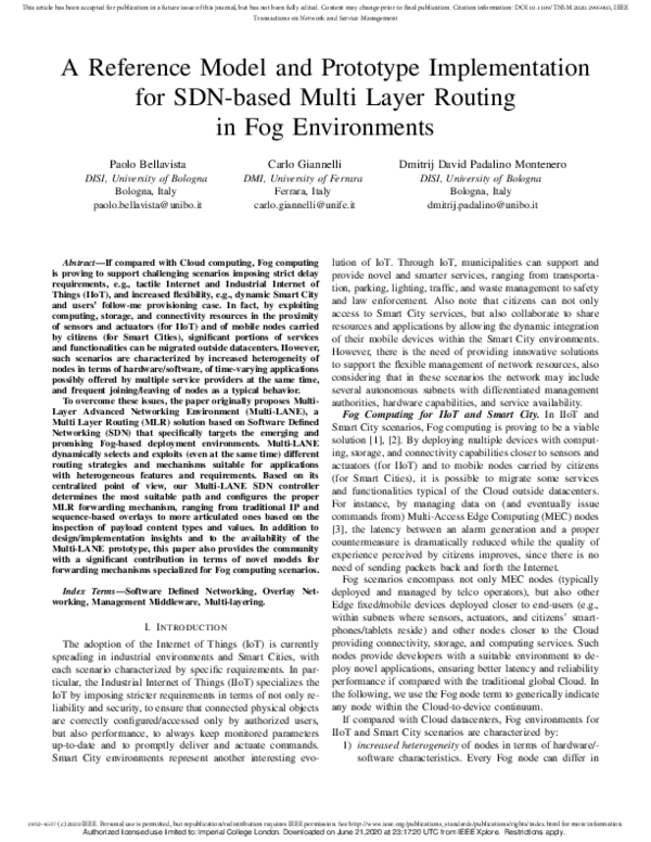 Pdf A Reference Model And Prototype Implementation For Sdn Based Multi Layer Routing In Fog