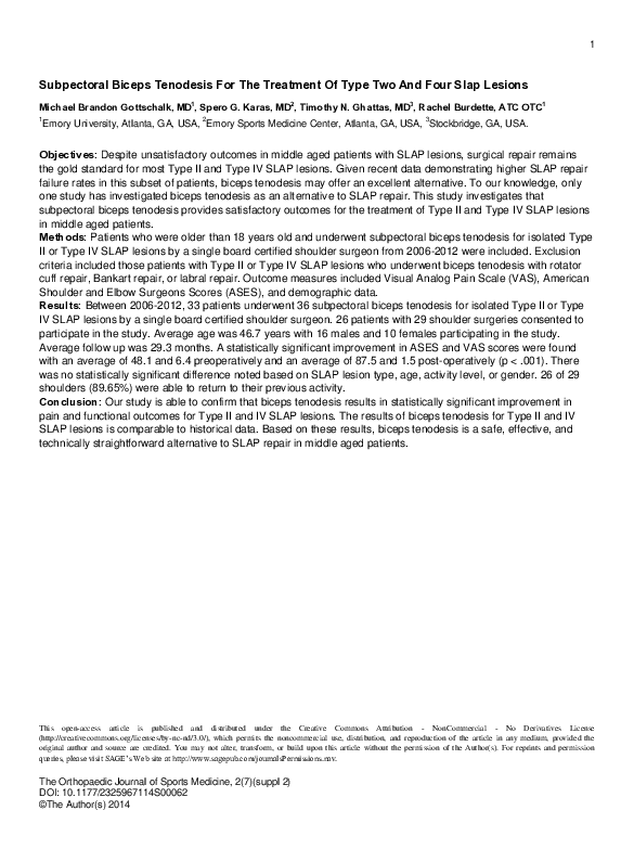 (PDF) Subpectoral Biceps Tenodesis for the Treatment of Type II and IV ...