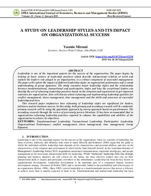 (PDF) A Study on Leadership Styles and Its Impact on Organizational Success