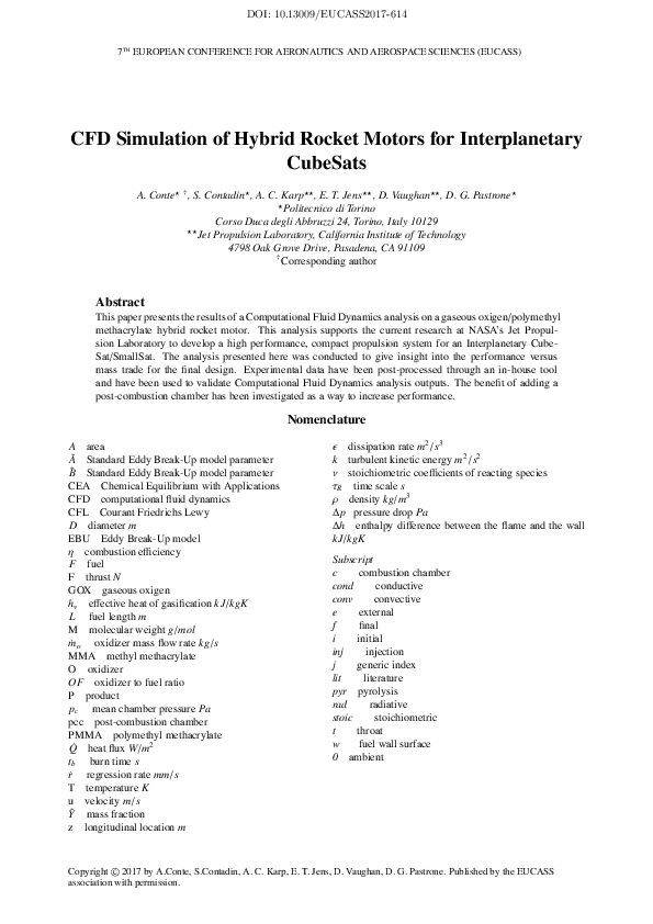 (PDF) CFD Simulation of Hybrid Rocket Motors for Interplanetary CubeSats