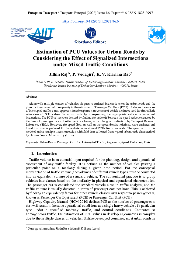 Pdf Pcu Estimation For Urban Roads With Signals