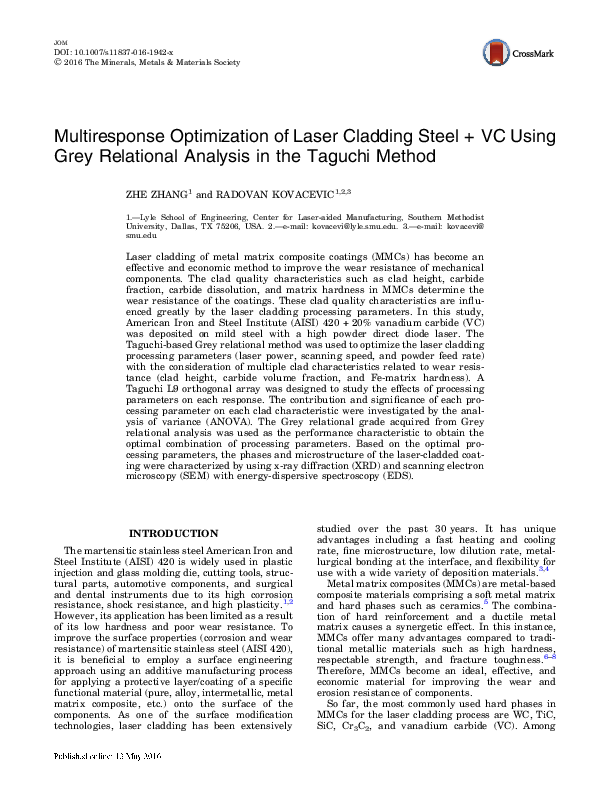 (PDF) Multiresponse Optimization of Laser Cladding Steel + VC Using Grey Relational Analysis in ...