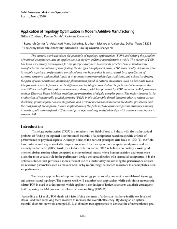 Pdf Application Of Topology Optimization In Modern Additive Manufacturing