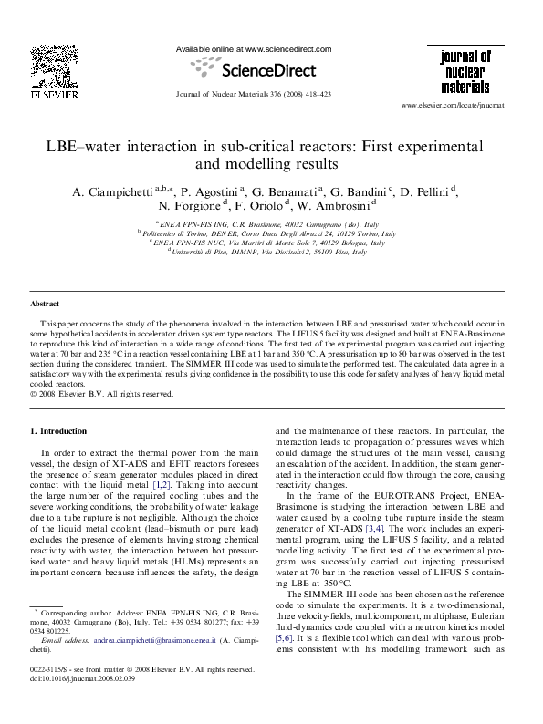 (PDF) LBE–water interaction in sub-critical reactors: First ...