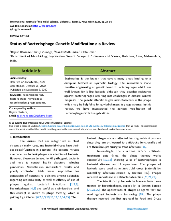 (PDF) Status of Bacteriophage Genetic Modifications: a Review