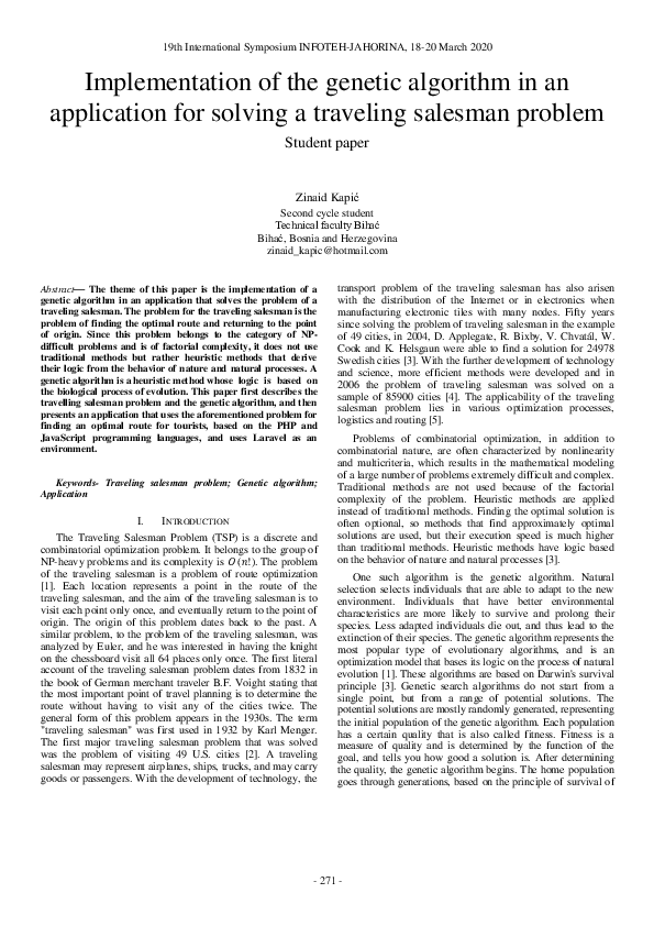 Pdf Implementation Of The Genetic Algorithm In An Application For Solving A Traveling Salesman