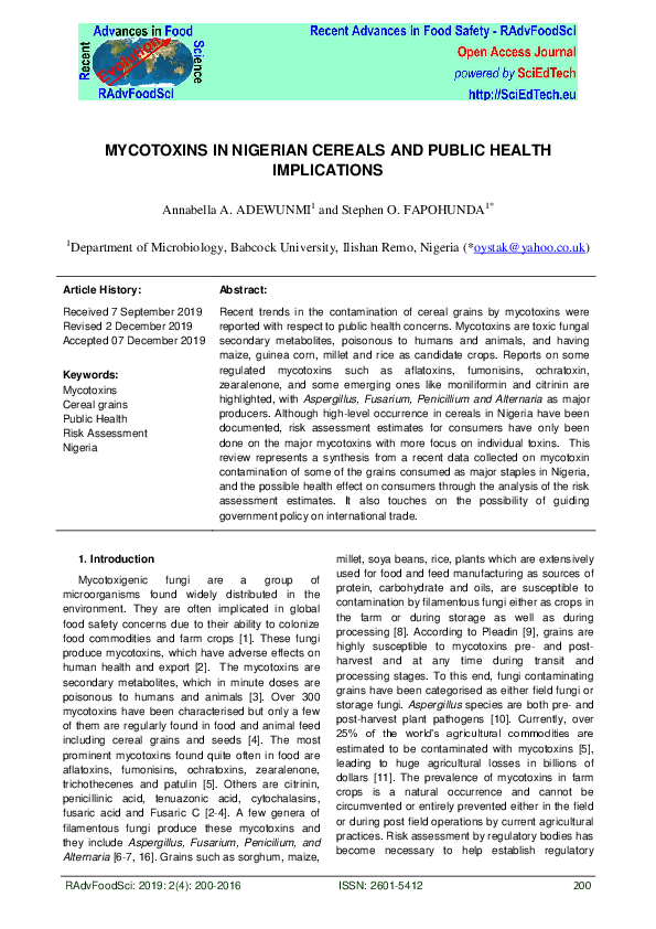 (PDF) MYCOTOXINS IN NIGERIAN CEREALS AND PUBLIC HEALTH IMPLICATIONS