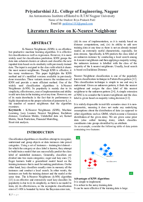 (PDF) Literature Review on K-Nearest Neighbour