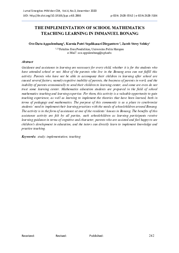 (PDF) The Implementation of School Mathematics Teaching Learning in Immanuel Bonang
