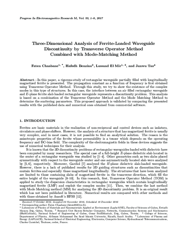 (PDF) Three-Dimensional Analysis of Ferrite-Loaded Waveguide Discontinuity by Transverse ...