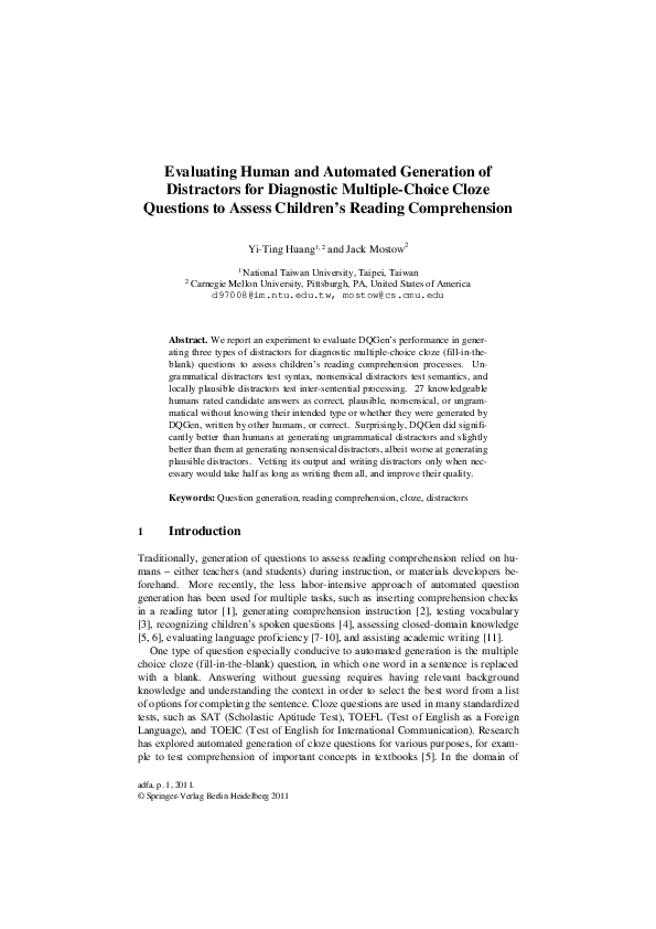 (PDF) Evaluating Human and Automated Generation of Distractors for Diagnostic Multiple-Choice ...