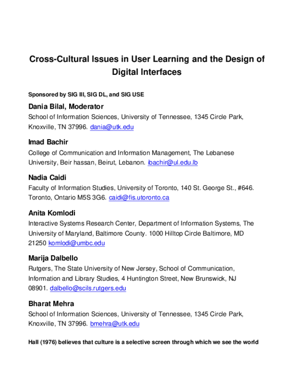 (PDF) Cross‐cultural issues in user learning and the design of digital interfaces