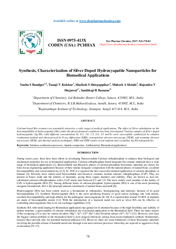 (PDF) Synthesis, Characterization of Silver Doped Hydroxyapatite Nanoparticles for Biomedical ...